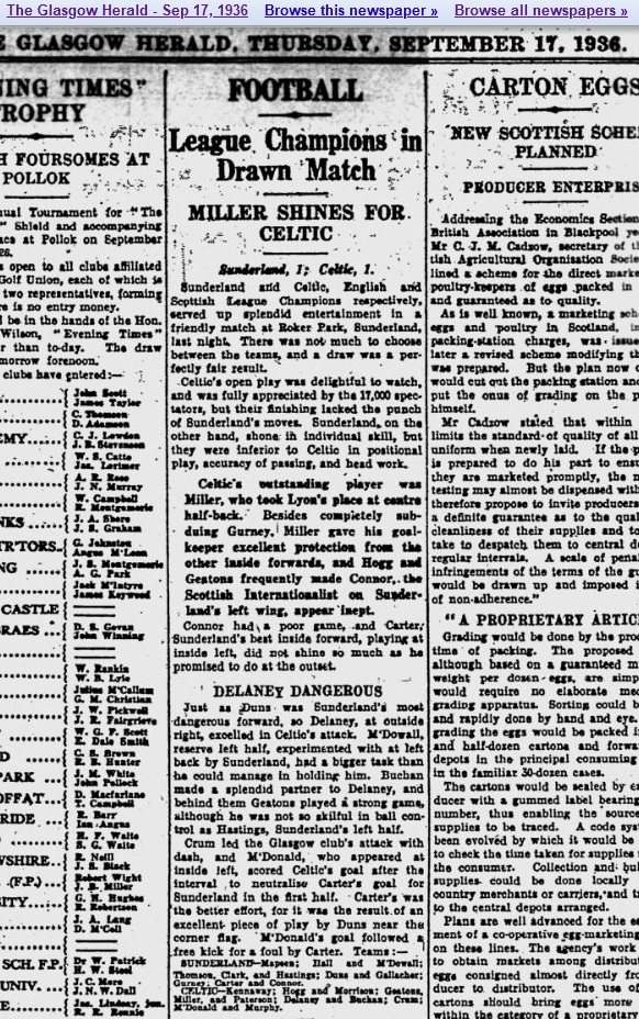 1936-09-16: Sunderland 1-1 Celtic, Friendly – The Celtic Wiki